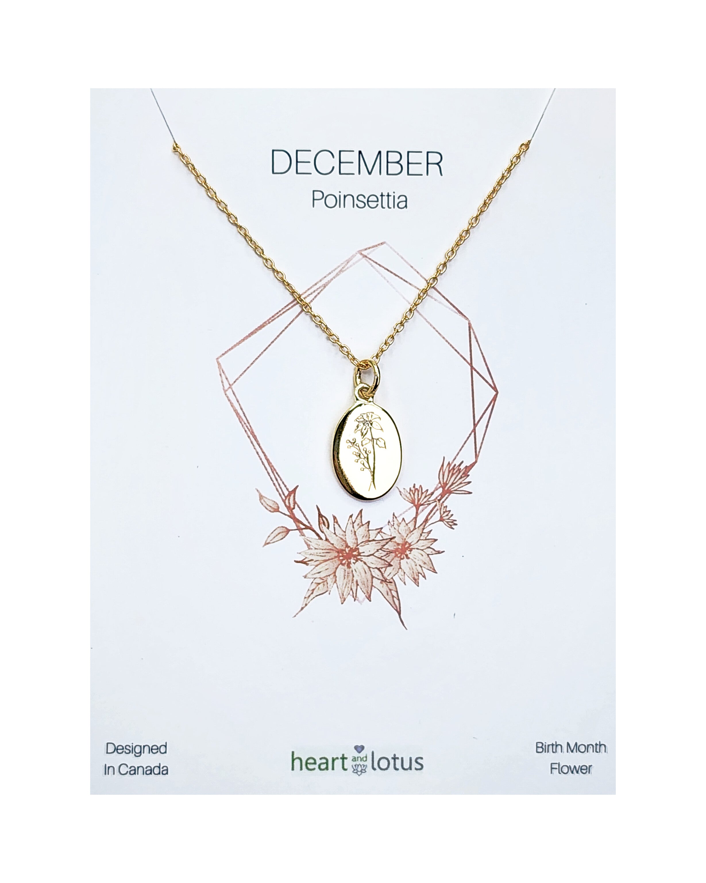 December Birth Flower Necklace in Poinsettia + Gold – Heart and Lotus